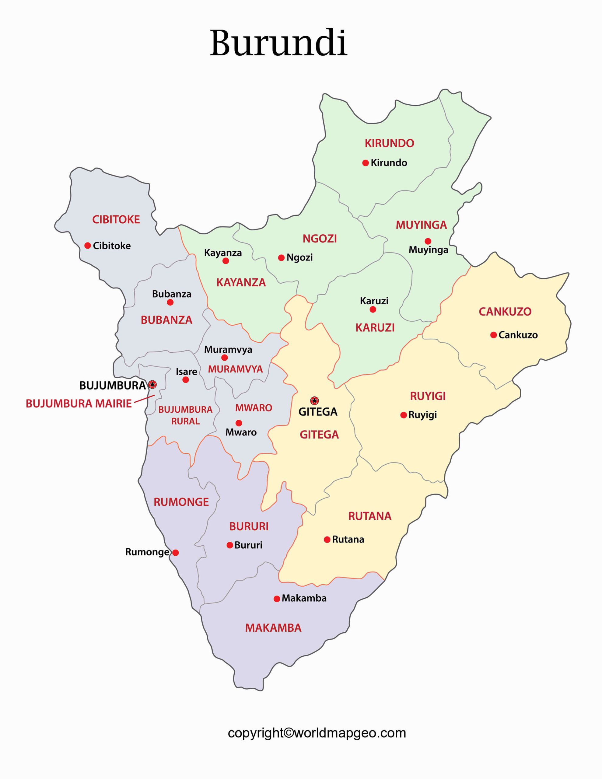 Labeled Burundi Map with States Capital and Cities