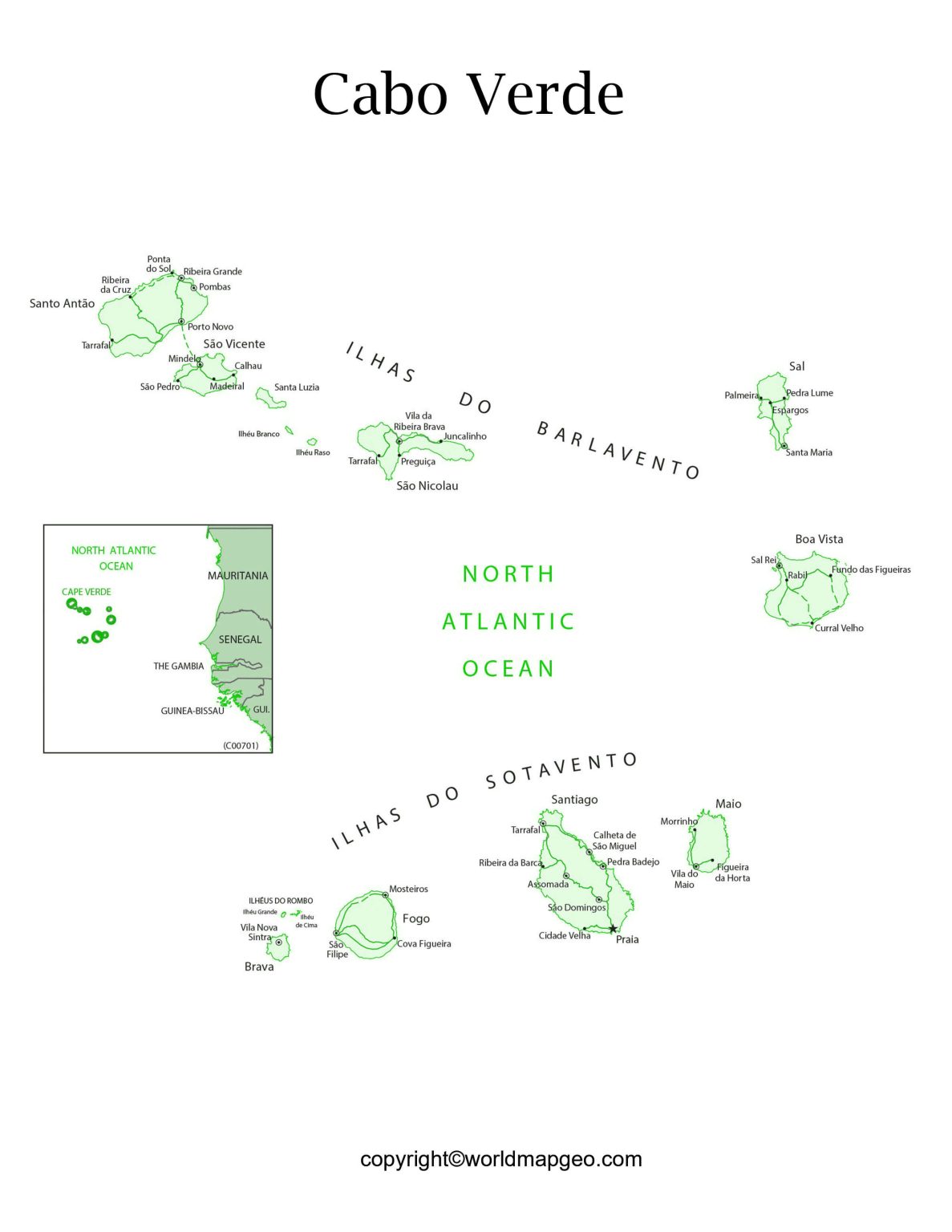 Labeled Cabo Verde Map with States Capital and Cities
