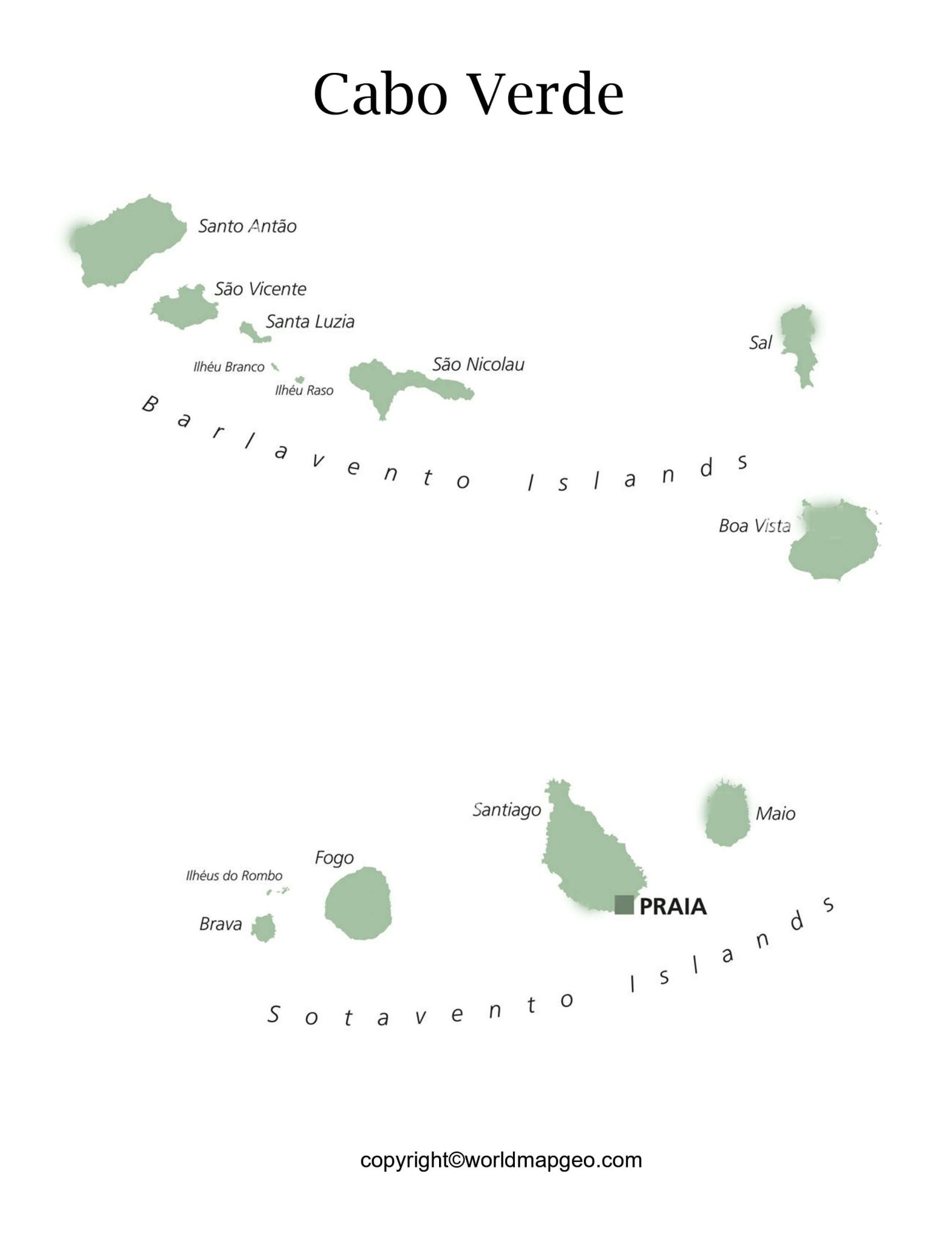 Labeled Cabo Verde Map with States Capital and Cities