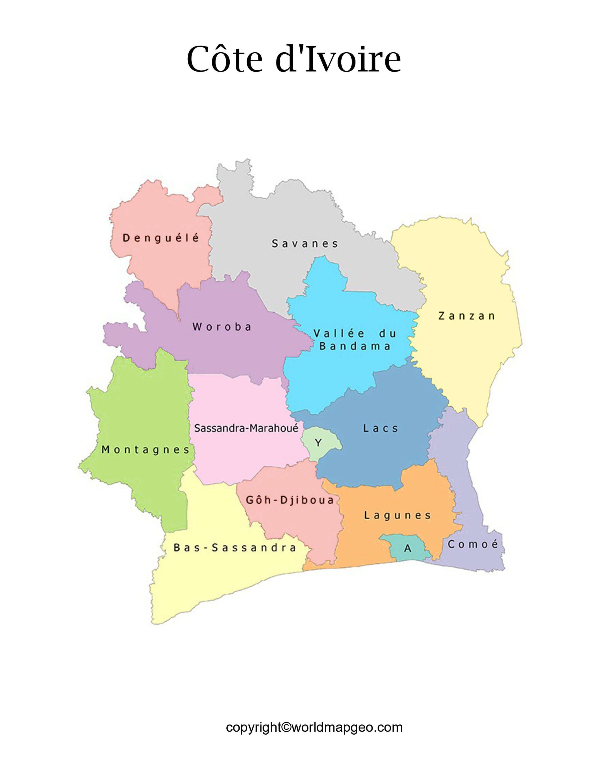 Labeled Côte d'Ivoire Map with States Capital and Cities