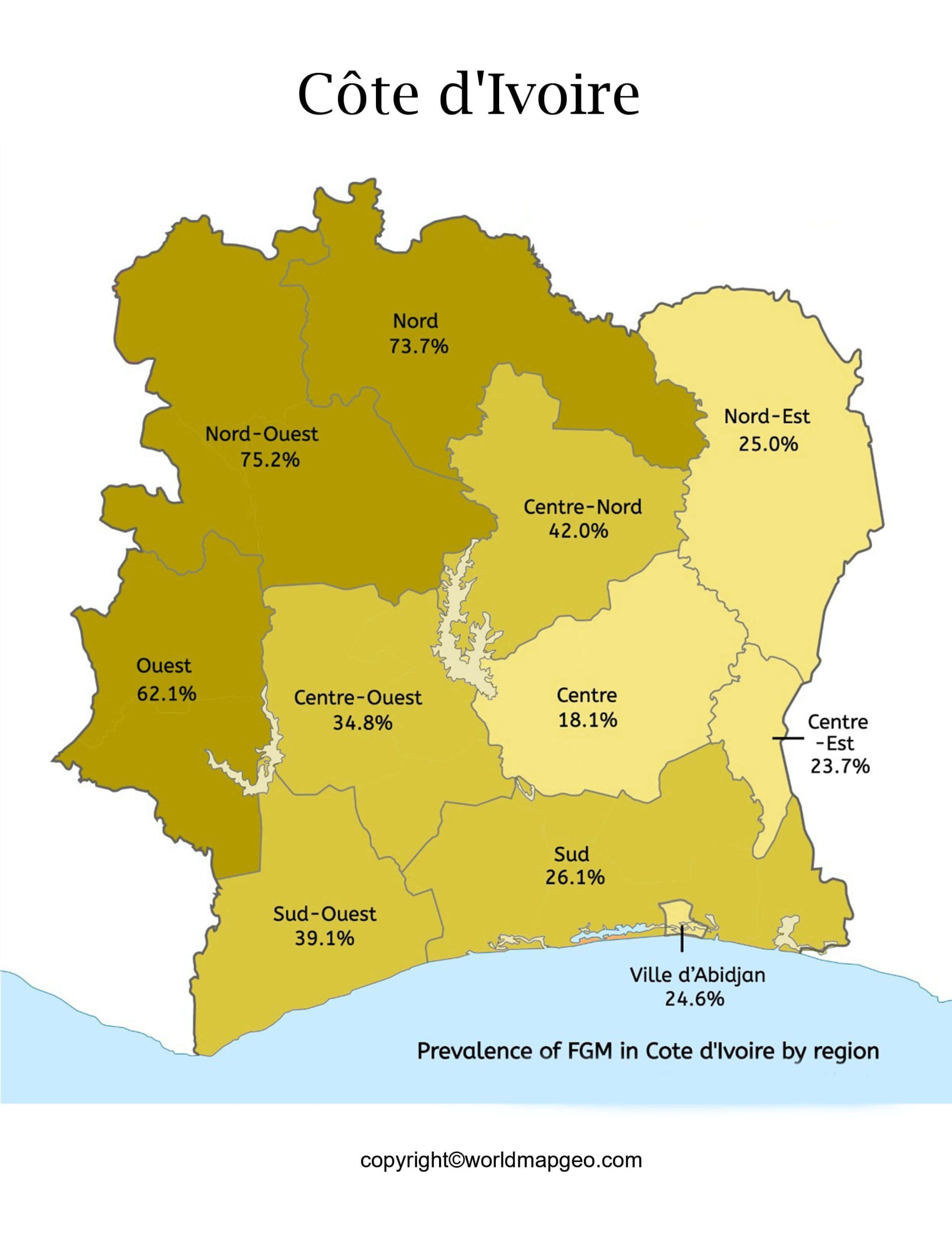 Labeled Côte d'Ivoire Map with States Capital and Cities