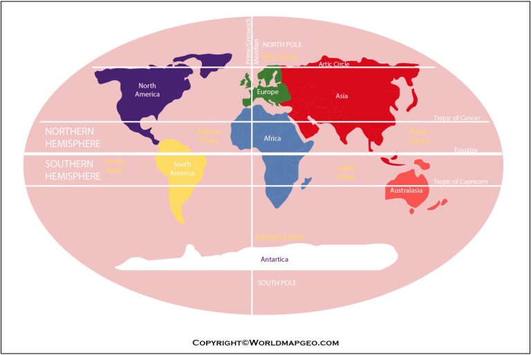 World Map with Equator, Countries, and Prime Meridian