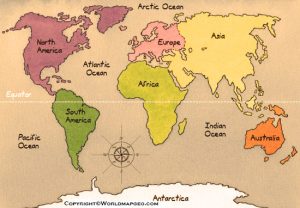 World Map with Equator, Countries, and Prime Meridian