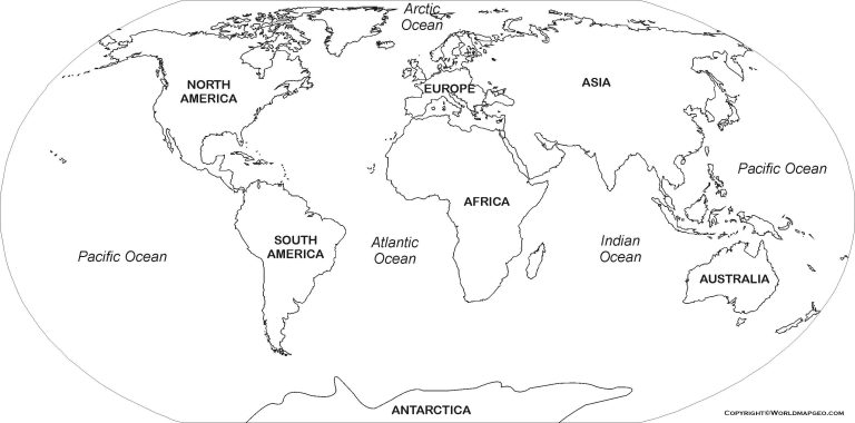 World Map Continents and Oceans with Names Printable