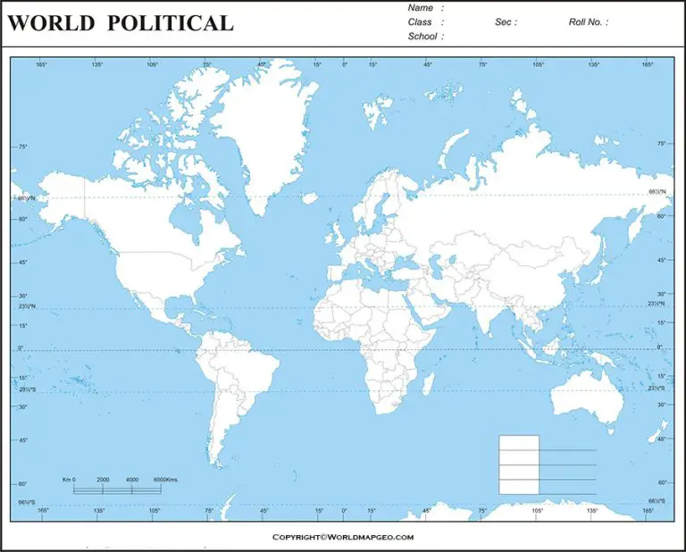 Political World Map Outline, Printable PDF in Black & White